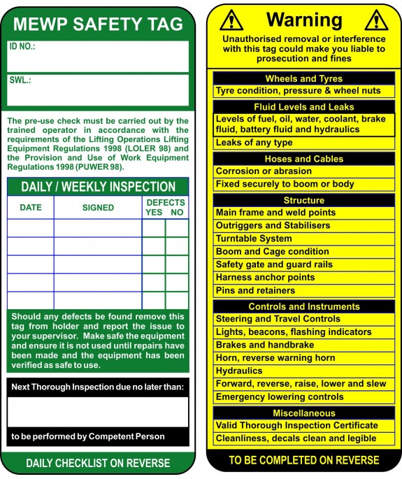 MEWP Safety Tag